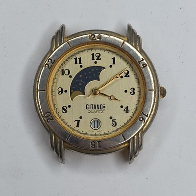Vtg Gitano Moon Phase Watch Unisex 35mm Date Gold Tone (No Band, Needs ...