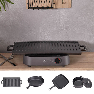 Cast Iron Camping Frying Pan Grill BBQ Cooking Skillet Plate Griddle ...