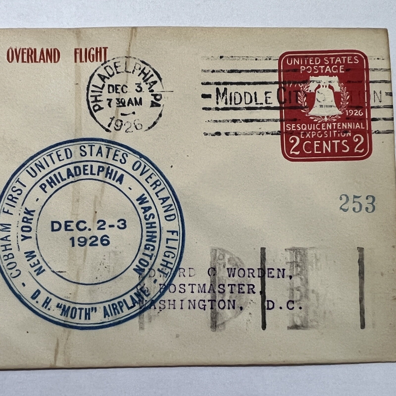 1926 US COBHAM OVERLAND FLIGHT COVER D.H. MOTH AIRPLANE SIGNED TO ...