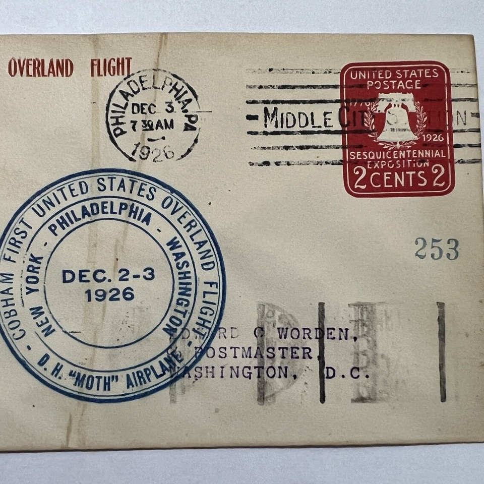 1926 US COBHAM OVERLAND FLIGHT COVER D.H. MOTH AIRPLANE SIGNED TO ...