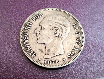 1878 Alfonso XII Por La G-De Dios 5 Pesetas Silver Coin, Spanish Coin ...