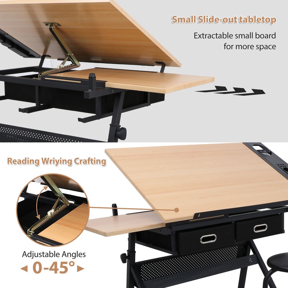 Adjustable Drafting Drawing Table Craft Tiltable Tabletop with Stool ...