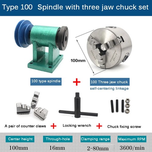 Home Lathe Spindle Assembly Three Jaw Chuck Flange Pulley Lathe Spindle ...