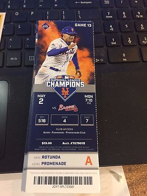 2016 NEW YORK METS VS ATLANTA BRAVES TICKET STUB 5/2 BARTOLO COLON WIN ...