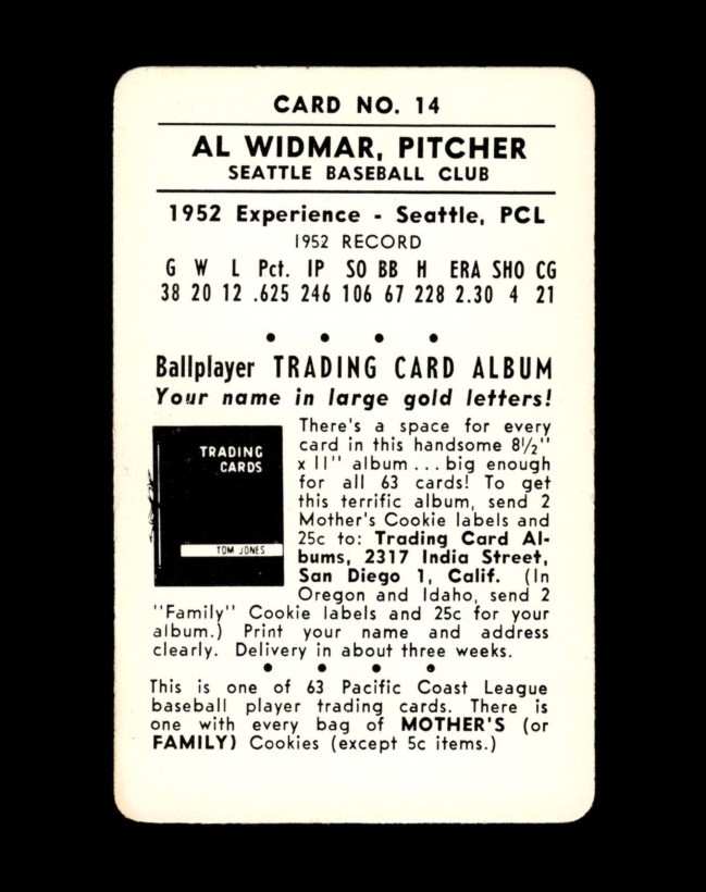1953 Mothers Cookies Set-Break # 14 Al Widmar NM-MT OR BETTER *GMCARDS ...