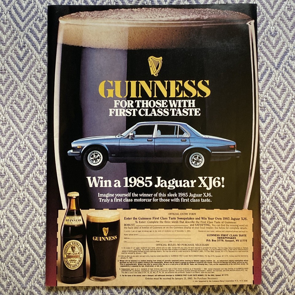 1984 Guinness Beer Jaguar XJ6 PRINT AD Sweepstakes Entry Form First ...