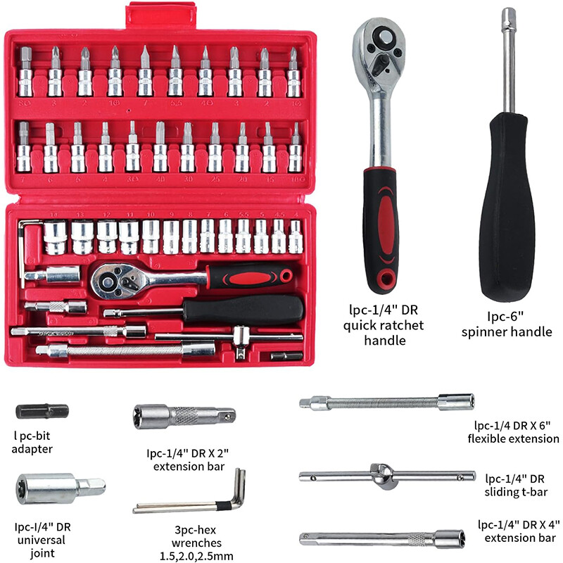 12/46Pcs Socket Wrench Set 1/4" Drive Ratchet Metric Kit Garage Car ...