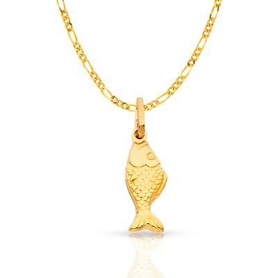 14K Yellow Gold Fish Charm Pendant with 1.6mm Figaro 3+1 Chain Necklace ...