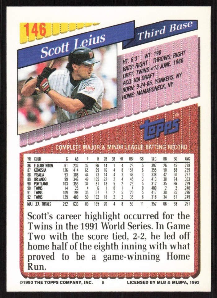 1993 Topps Scott Leius Auto Minnesota Twins #146 Card Signed | eBay