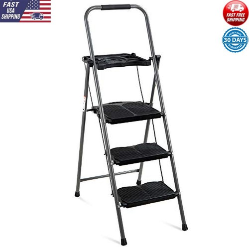 3-Step Folding Ladder Portable Anti-Slip Step Stool Utility Tray Hand ...