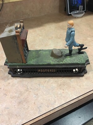 Vintage Antique Style Cast Iron Mechanical Kick Coin Bank Football ...