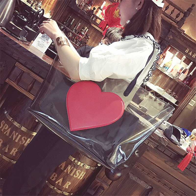 Women Red Heart Transparent Handbag PVC Waterproof Shopping Tote ...