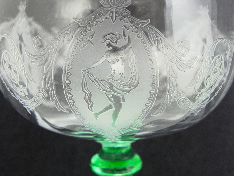Set of 4 TIFFIN CLASSIC Dancing Nude Etch Champagne Glasses Green Uranium Stems | eBay