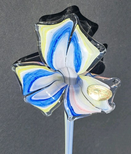 Vtg Murano Glass Flower Long Stem White Blue Yellow Lily 22” Stunning ...