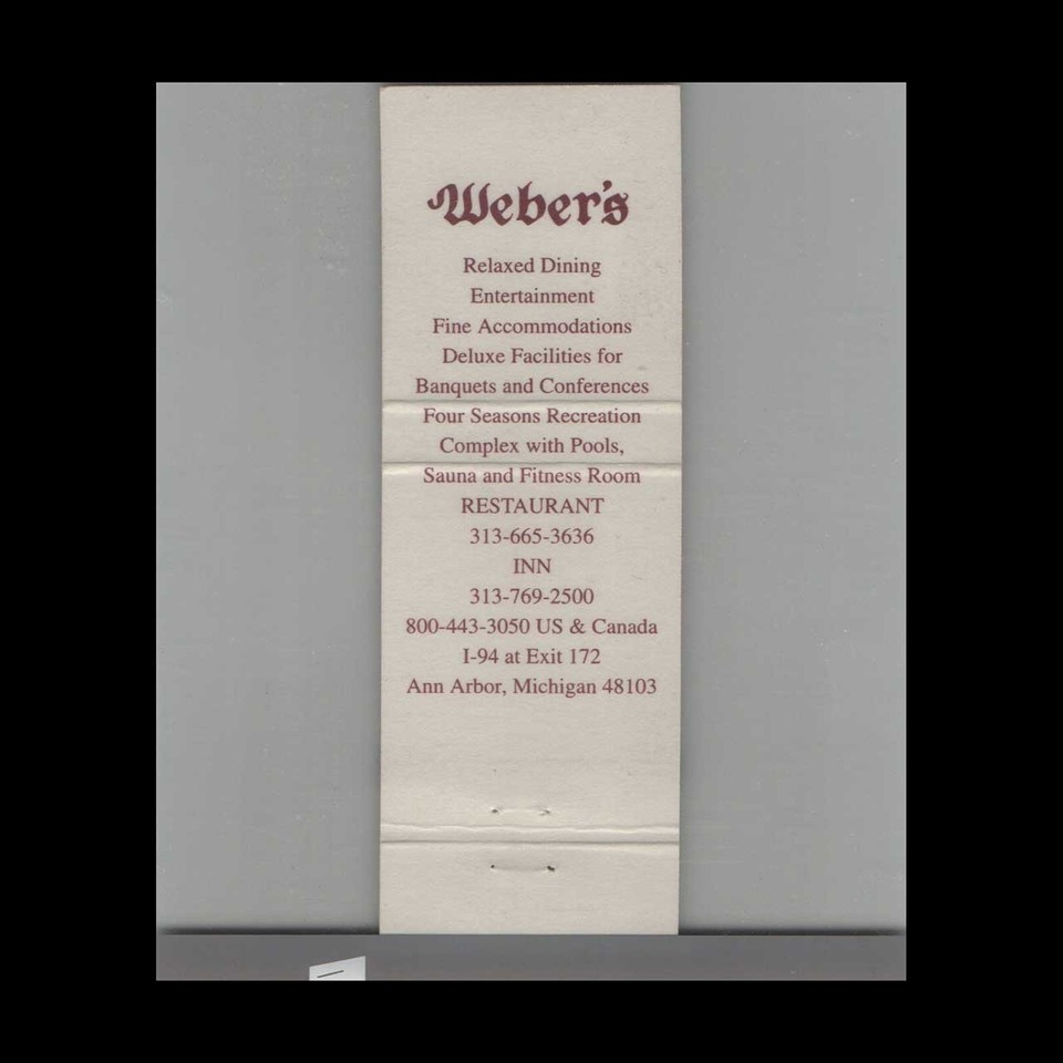 Matchbook Cover Weber's Inn Ann Arbor, MI | eBay