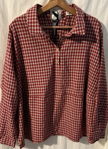 NWT Buykud Collared Top Popover Side Slits Lagenlook Red Plaid Tie Back ...