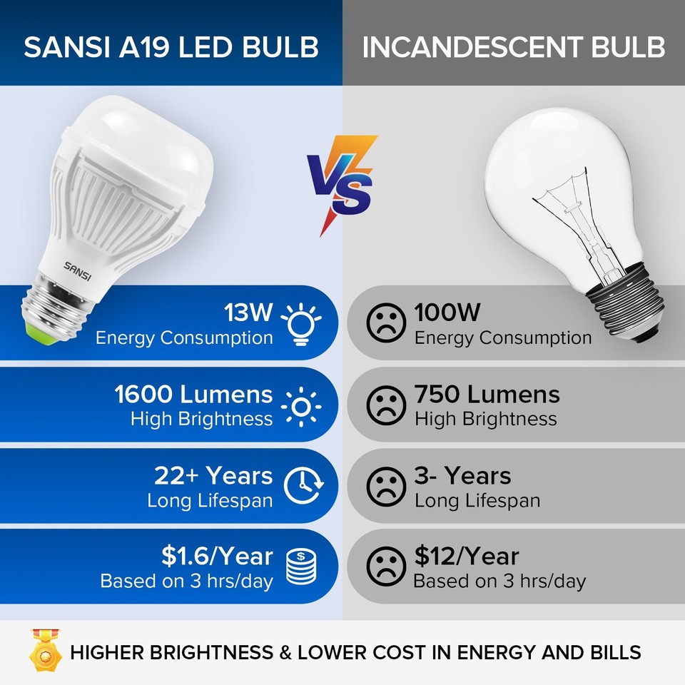 SANSI LED Light Bulb 4 Pack 13W 1600lm 100W Equivalent A19 3000K E27 ...