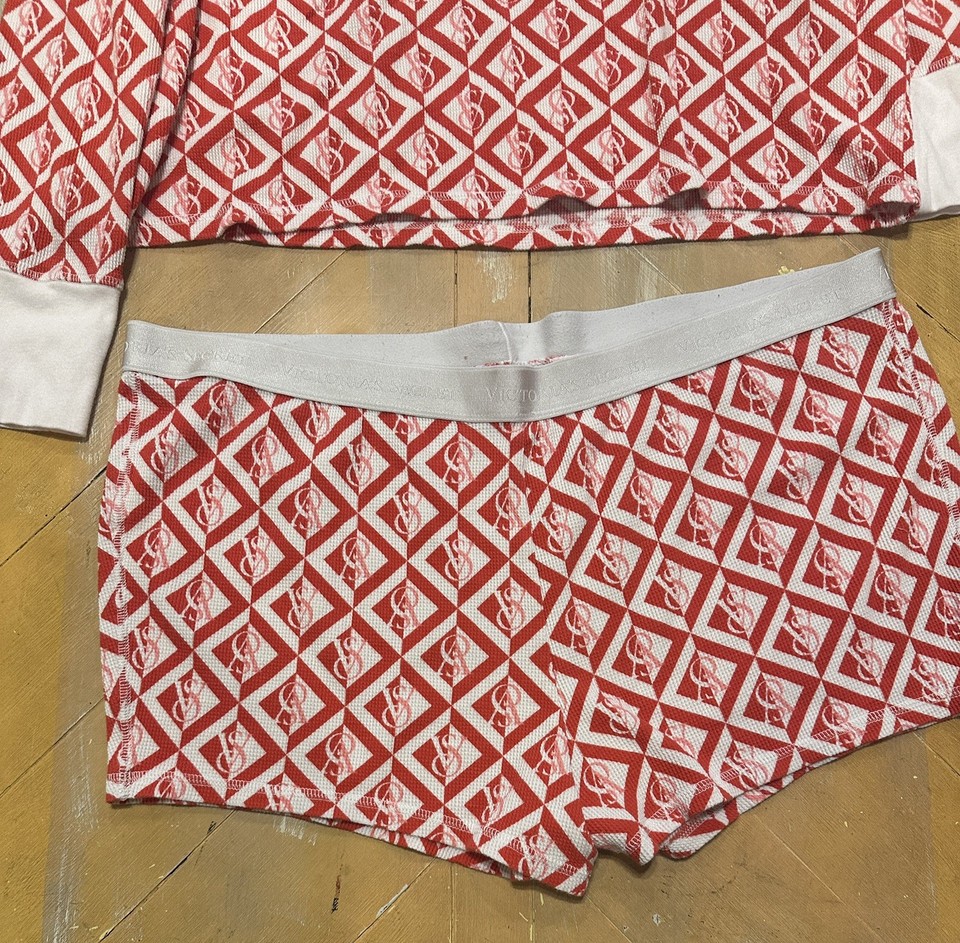 Victoria Secret Pajama Set XXL Top & Bottom Red White Pink Thermal PJ ...