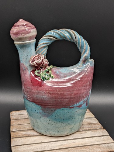 Handmade Studio Art Pottery Decanter Jug 3D Rose Stopper Signed Tim ...