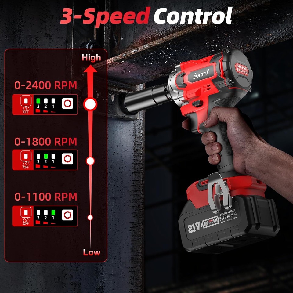 3/8" Impact Wrench Cordless,450N.m Brushless Electric Impact Gun,2*4 ...
