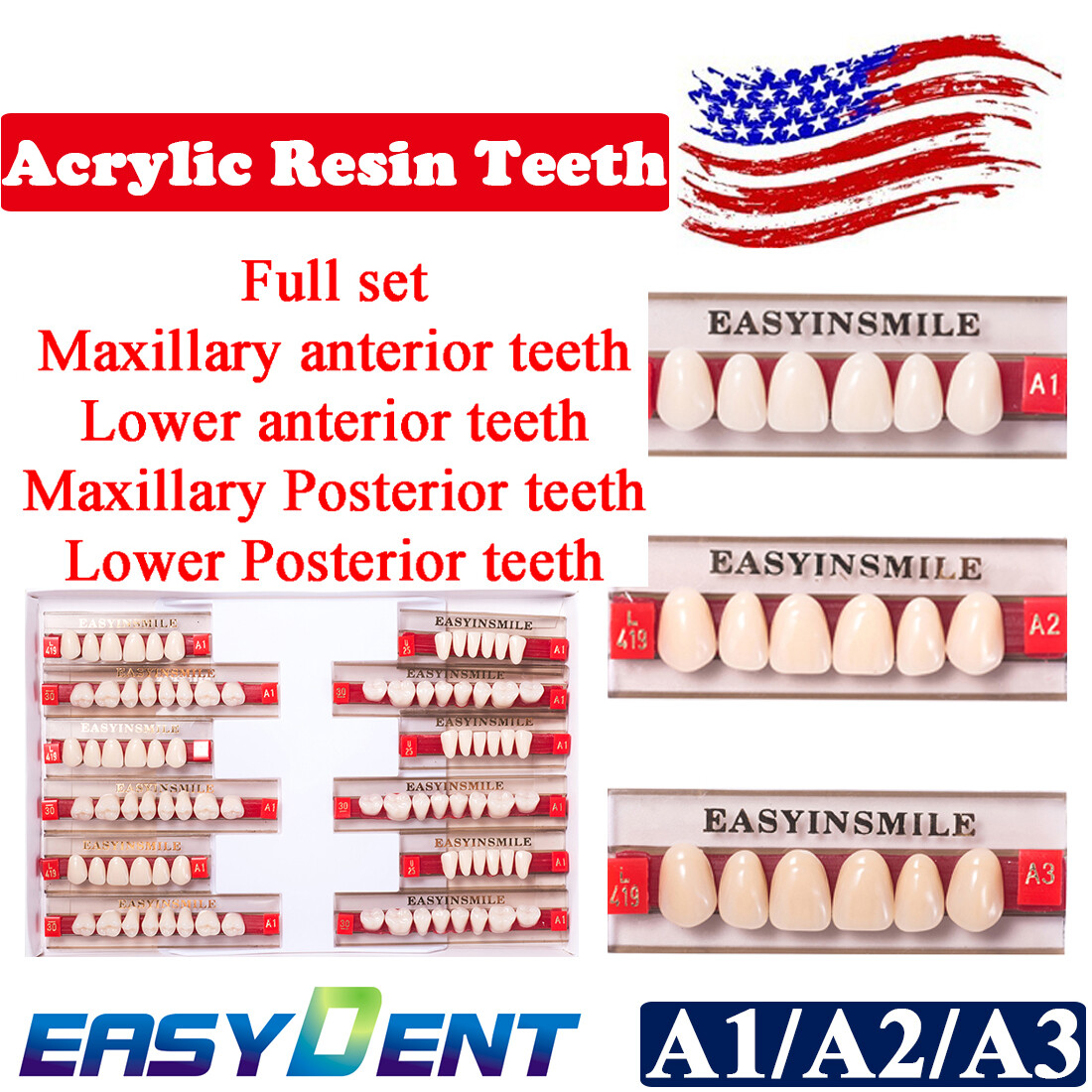 84/96Pc Dental Acrylic Teeth Resin Dentures Upper Lower full set A1/A2 ...