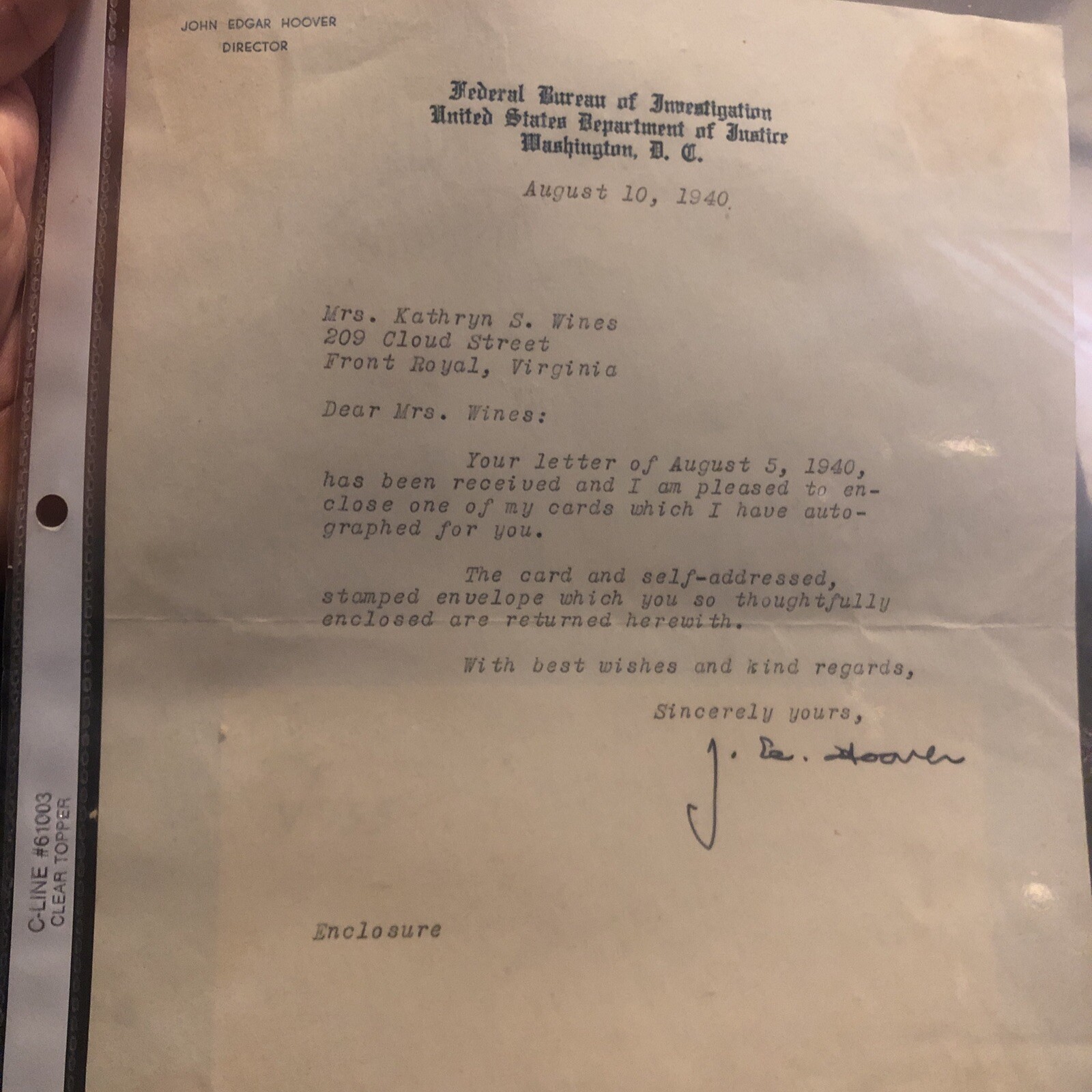 1940 J. Edgar Hoover Hand Signed FBI Letterhead Letter With C.O.A. | eBay