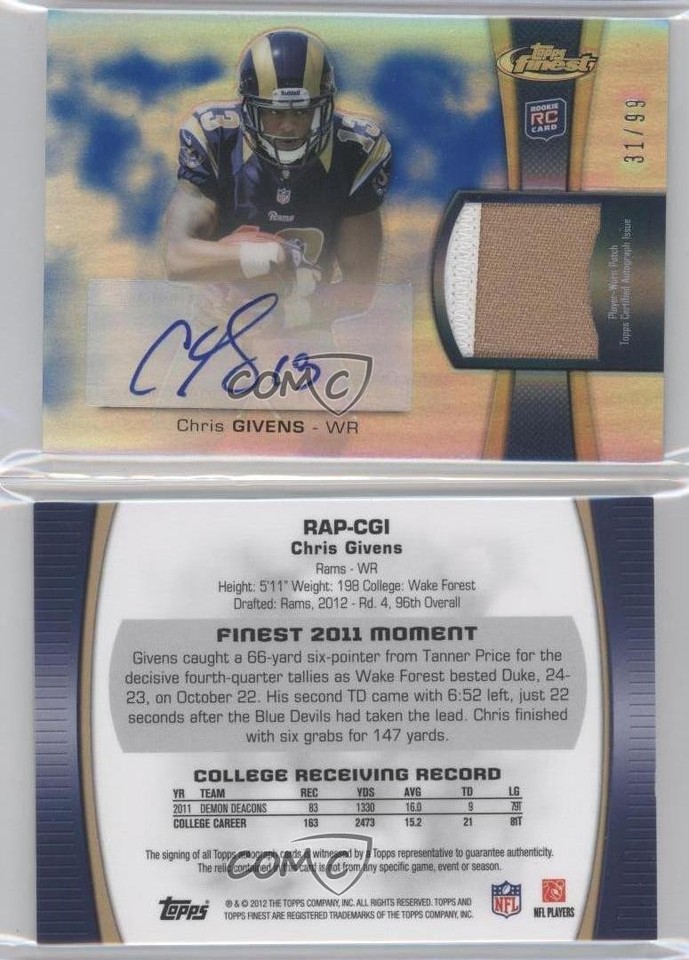 2012 Topps Finest Rookie Blue Refractor 31/99 Chris Givens RPA Patch ...