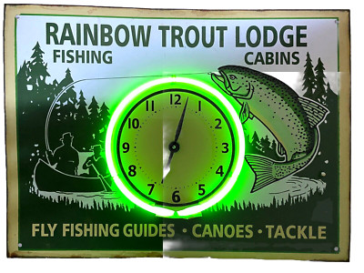 Vintage Rainbow Trout Lodge Fishing Neon Tin Wall Clock Sign Man Cave ...