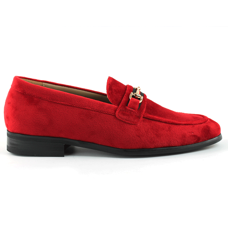 Men's Red Velvet Dress Shoes Slip On Loafers With Gold Buckle Formal ...