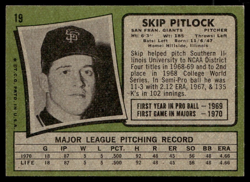 1971 Topps #19 Skip Pitlock Baseball San Francisco Giants | eBay
