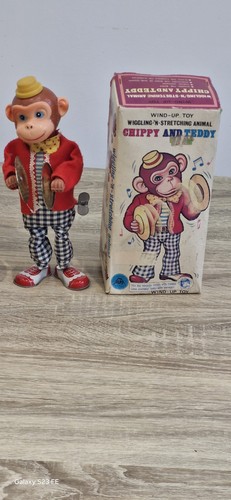 VINTAGE " WIND UP TIN MONKEY" MADE BY ALPS OF JAPAN 1979 BOXED CHIPPY ...