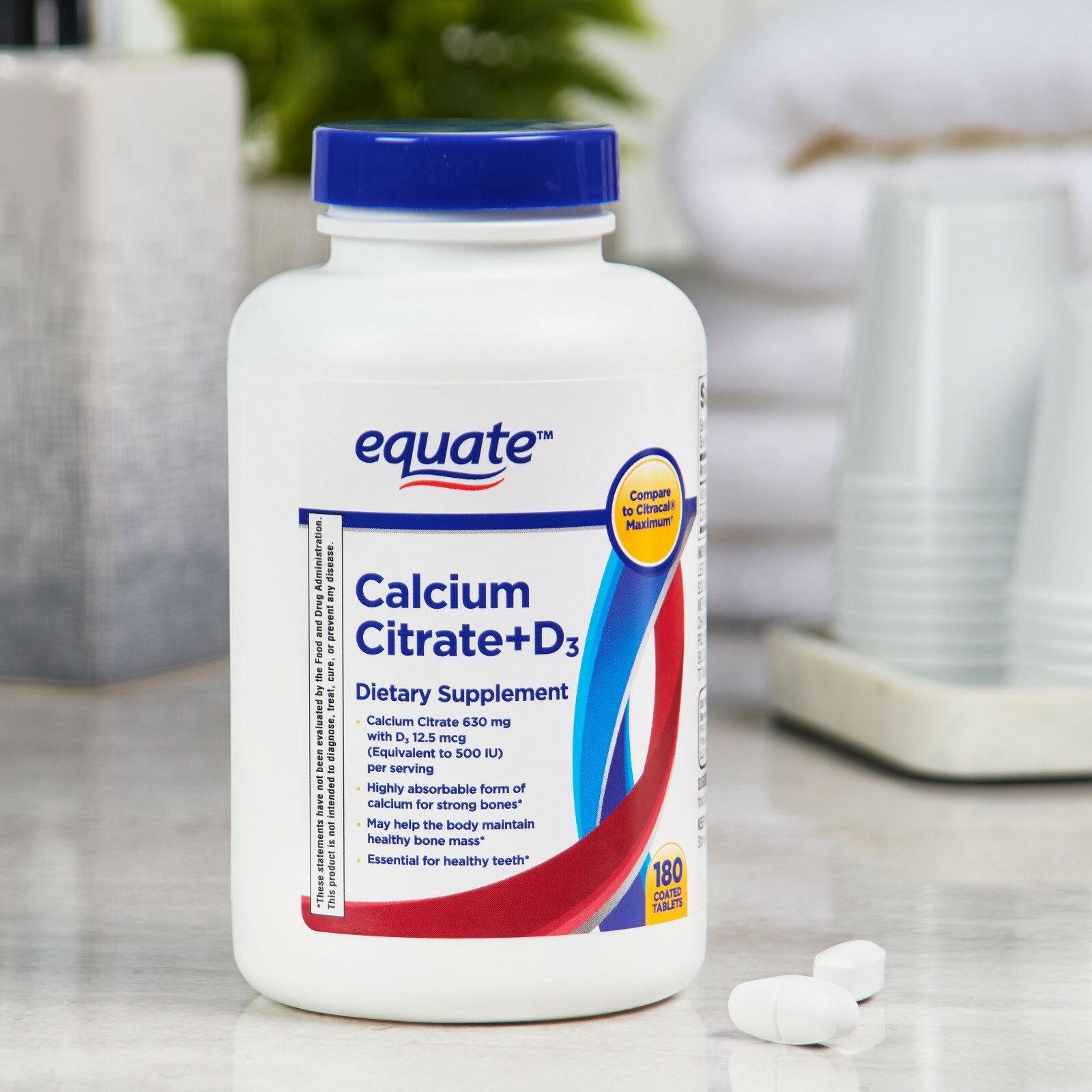Equate Calcium Citrate + D3 Coated Tablets, 180 Count Bone & Joint ...