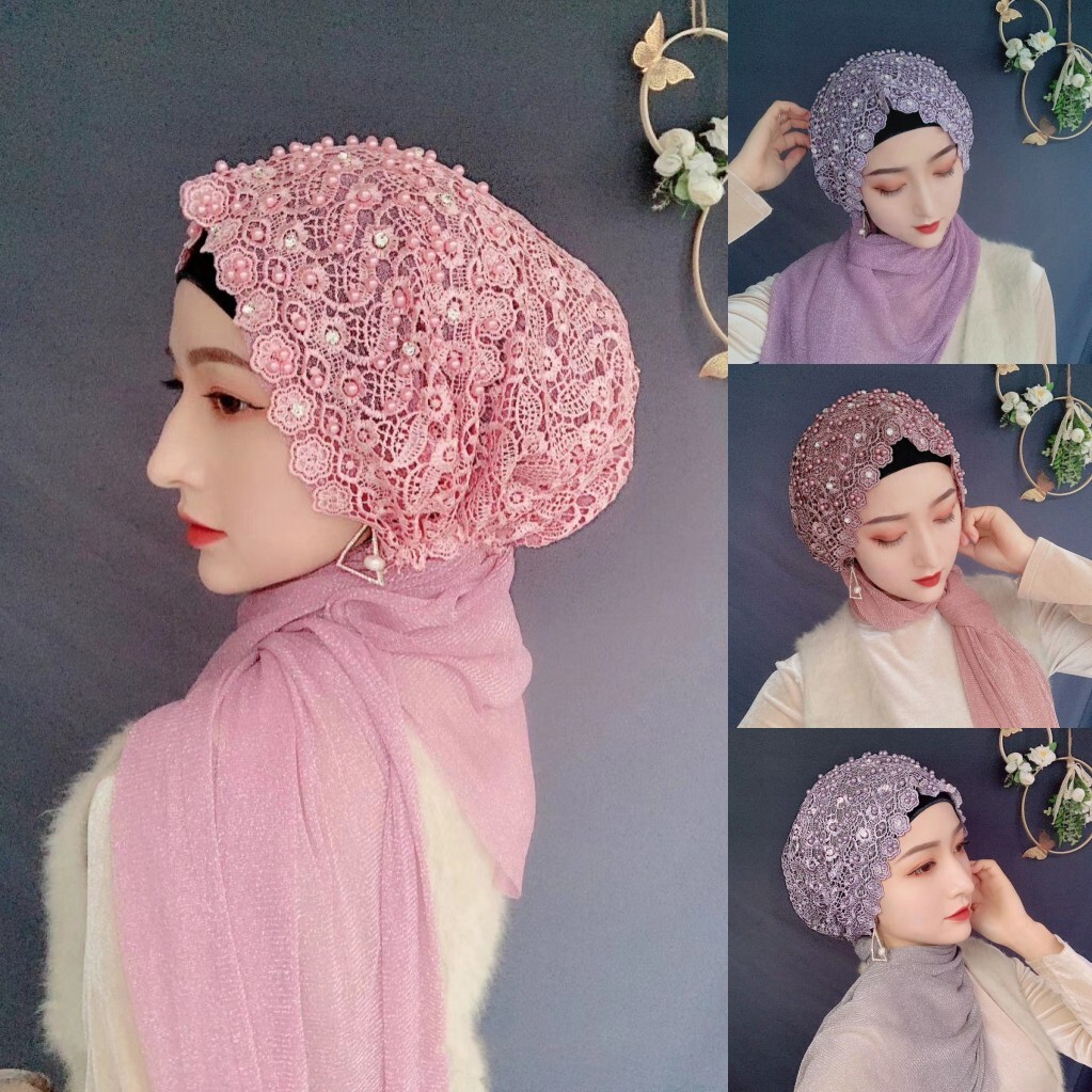 Islamic Flower Hot Drill Hijab Beaded Elastic Band Hijab Women Scarf ...