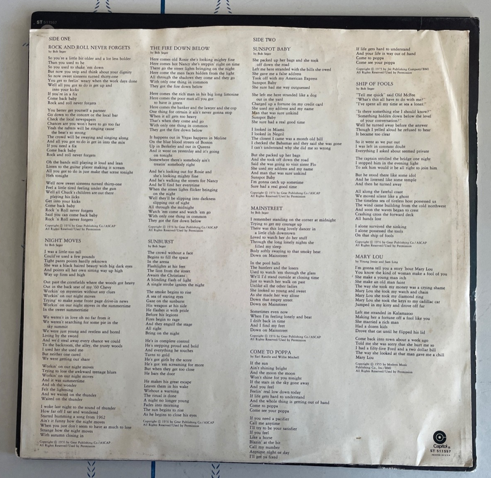 BOB SEGER & THE SILVER BULLET BAND Night Moves - 1976 Capitol ST-11557 ...