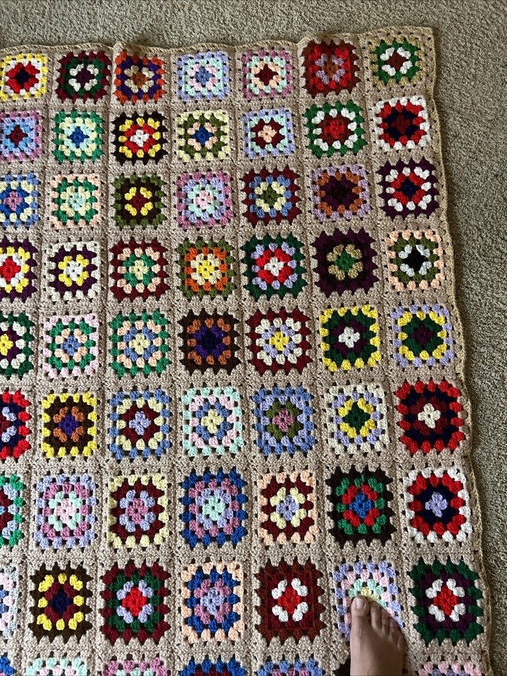 Granny Square Tan Boarder Multicolor Squares Crochet Afghan Blanket ...