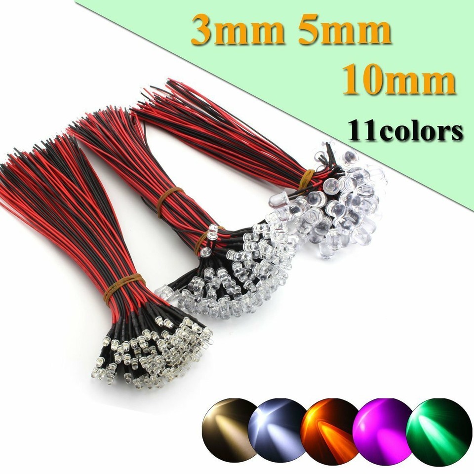 LED Pre wired Light 10/20/50/100pcs DC12V 3mm 5mm 10mm Emitting Diodes ...