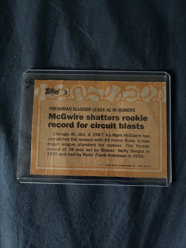 1988 Topps Baseball Error Card Mark McGwire 87 Record Breakers #3 ...