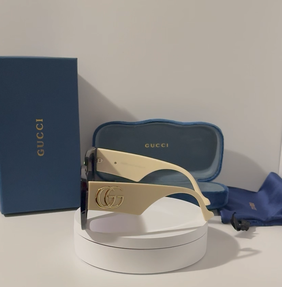 Gucci GG0956S Black Square Sunglasses Cream Arms Violet Lens Ships ...