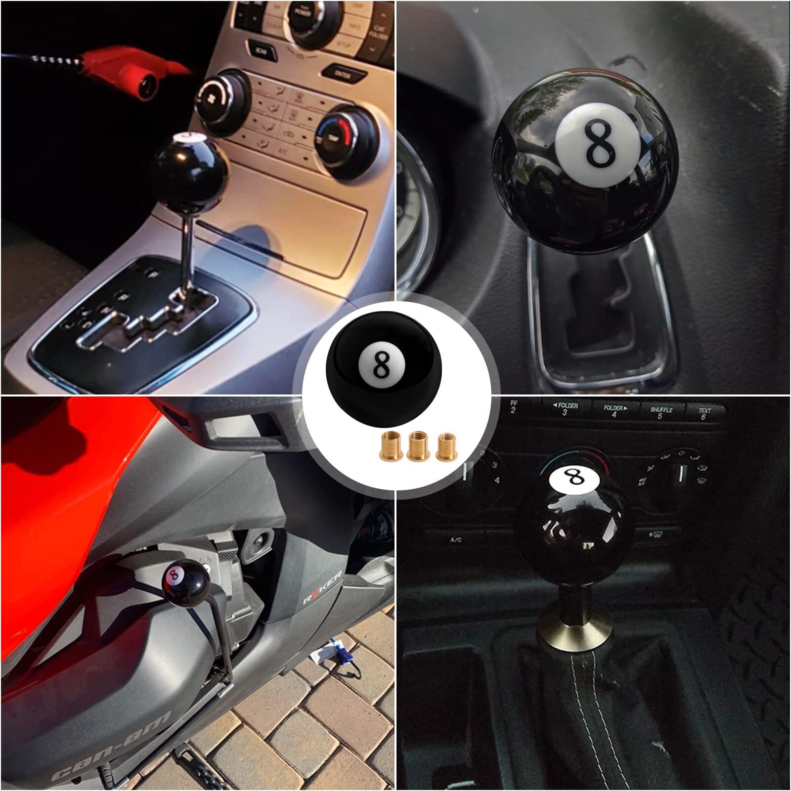Universal No.8 Billiard Ball Gear Shifter Black Round Shift Knob With 3 ...
