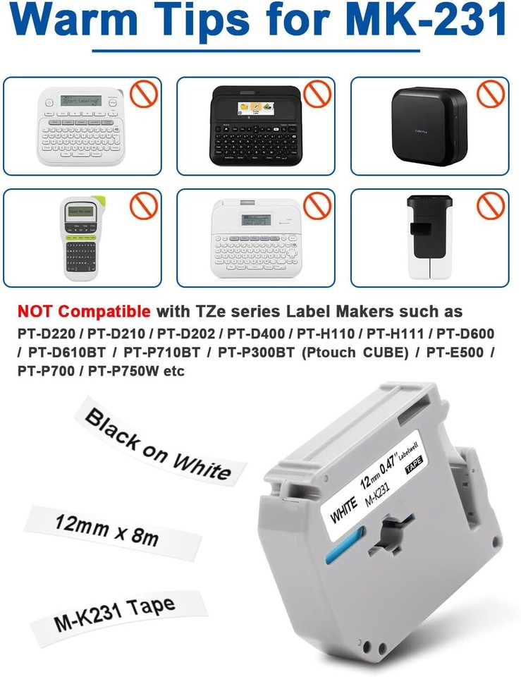 5PK M-K231 MK231 Fit Brother P-Touch M Tape 12mm White Label Maker PT90 ...