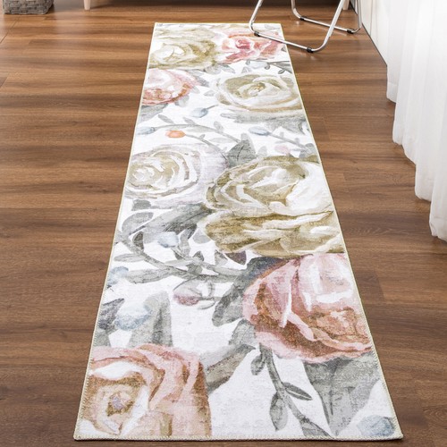 Rose Pastel Pink Hallway Runner Non Slip Corridor Rug Washable Mat ...