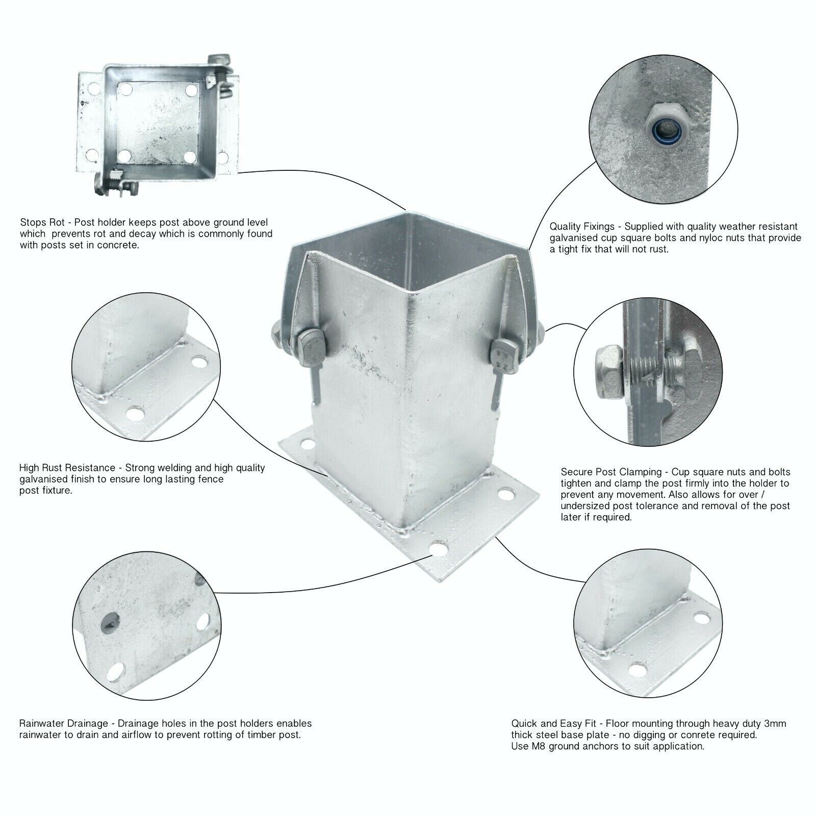 Fence Post Spike Shoe Bolt Down 50mm/2" 75mm/3" 100mm/4" DECKING Post ...