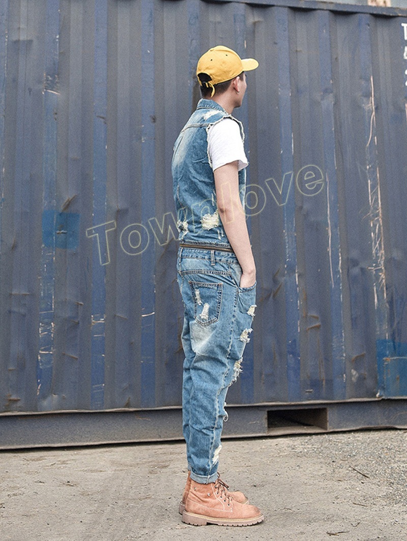 Men Retro Casual Ripped Denim Overalls Vest Jumpsuits Jeans Rompers ...