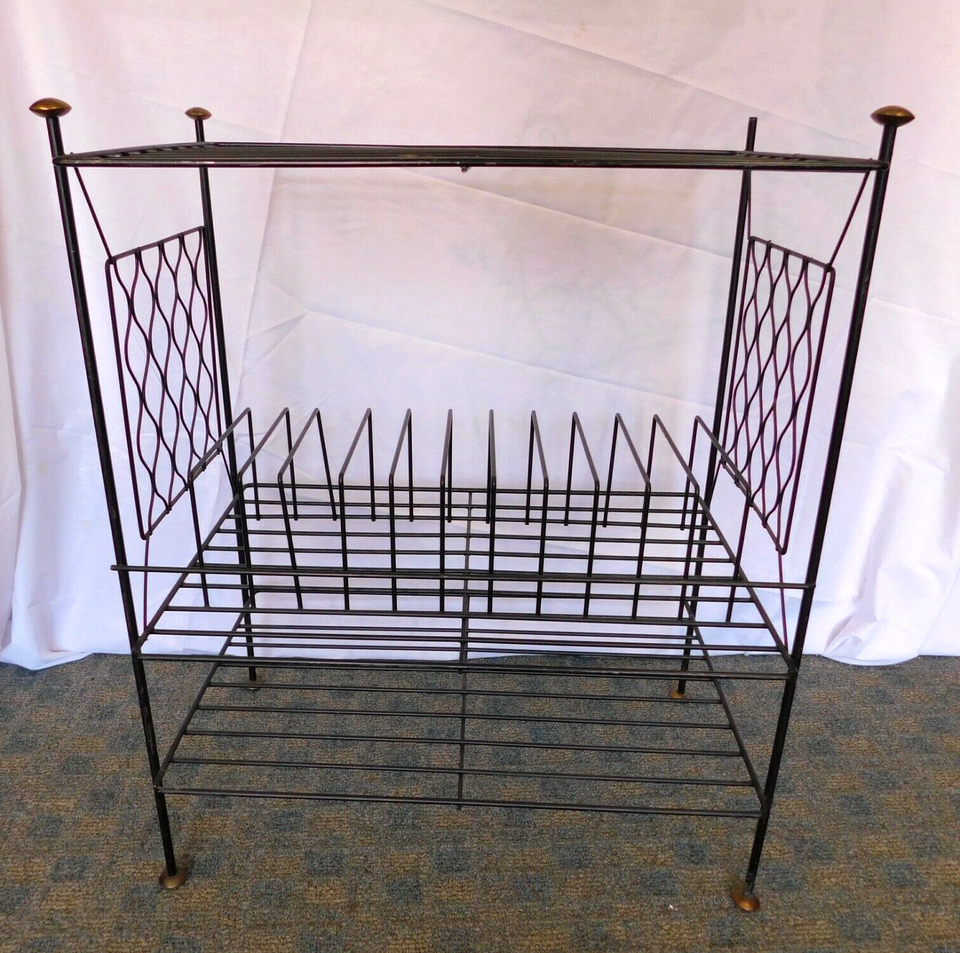 VTG MCM Mid Century Modern Black Metal Wire Magazine Record Rack Table ...