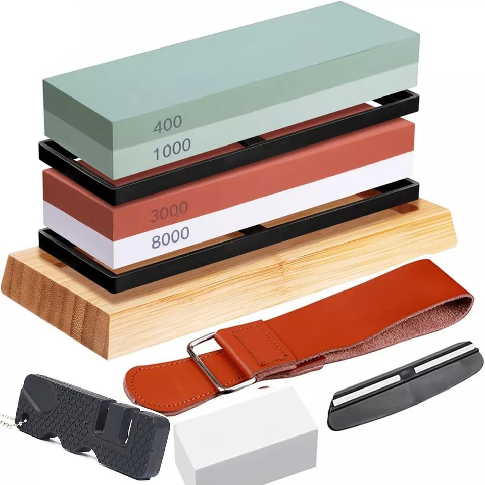 Knife Sharpening Stone Kit 400/1000 3000/8000 Grit Double Sided Whetstone w/Base | eBay UK
