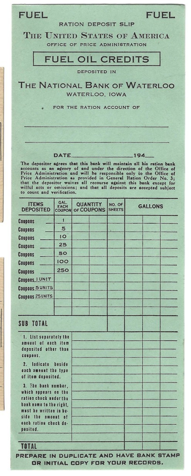 WWII Ration Checks-r Sugar & Meat + Fuel Oil Deposit Slip -Nat'l Bank ...