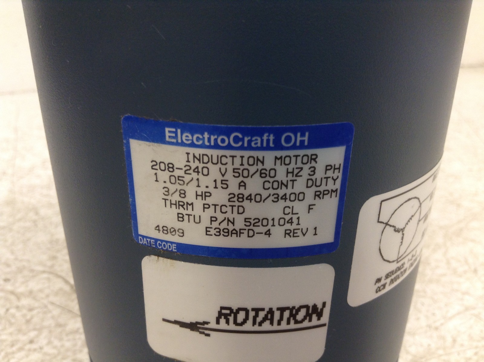 ElectroCraft 5201041 Induction Motor 208-240 VAC 3/8 HP 3 Ph E39AFD-4 ...