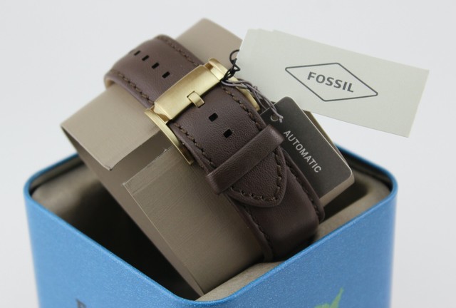 Fossil Men's Flynn Automatic Skeleton Gold Tone Brown Leather Watch ...