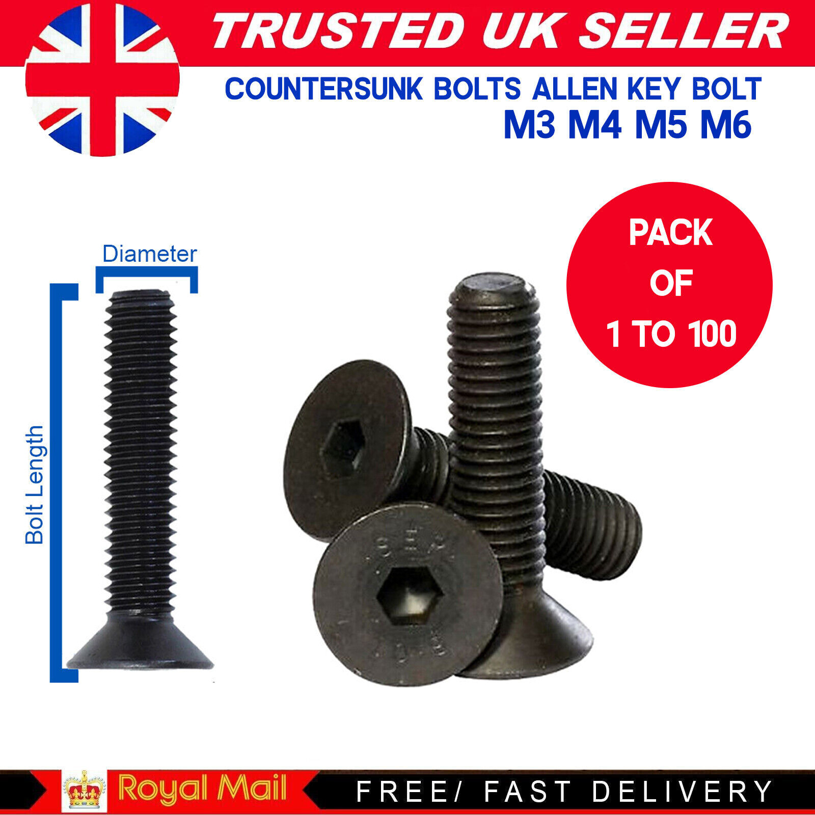 M3 M4 M5 M6 Countersunk Bolts Allen Key Bolt Socket Screws A2 Stainless ...