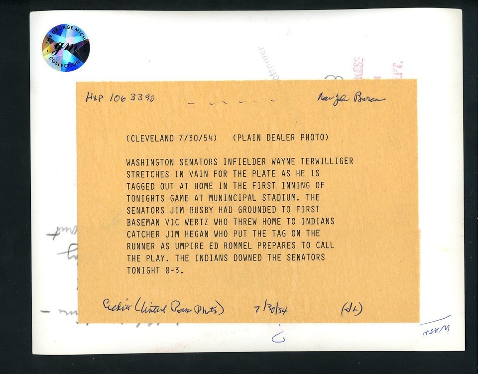 Jim Hegan Terwilliger Ed Rommel 1954 Press Photo Cleveland Indians ...